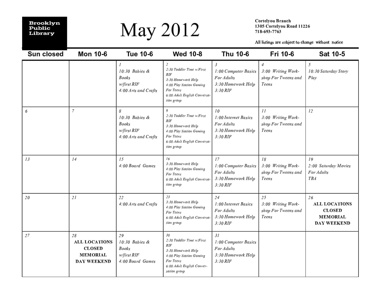 May Events at the Cortelyou Library in Ditmas Park