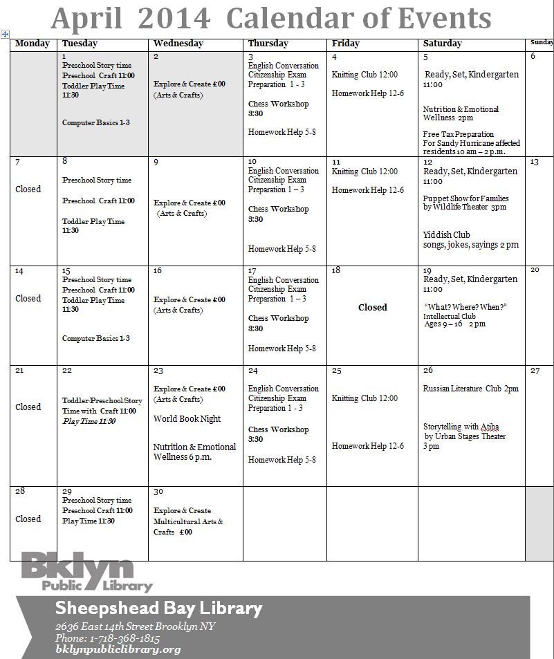 Sheepshead Bay Library’s April Calendar Of Events - Bklyner